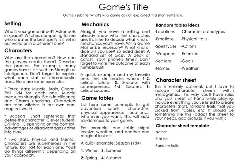 Micro-TTRPG template by Erys