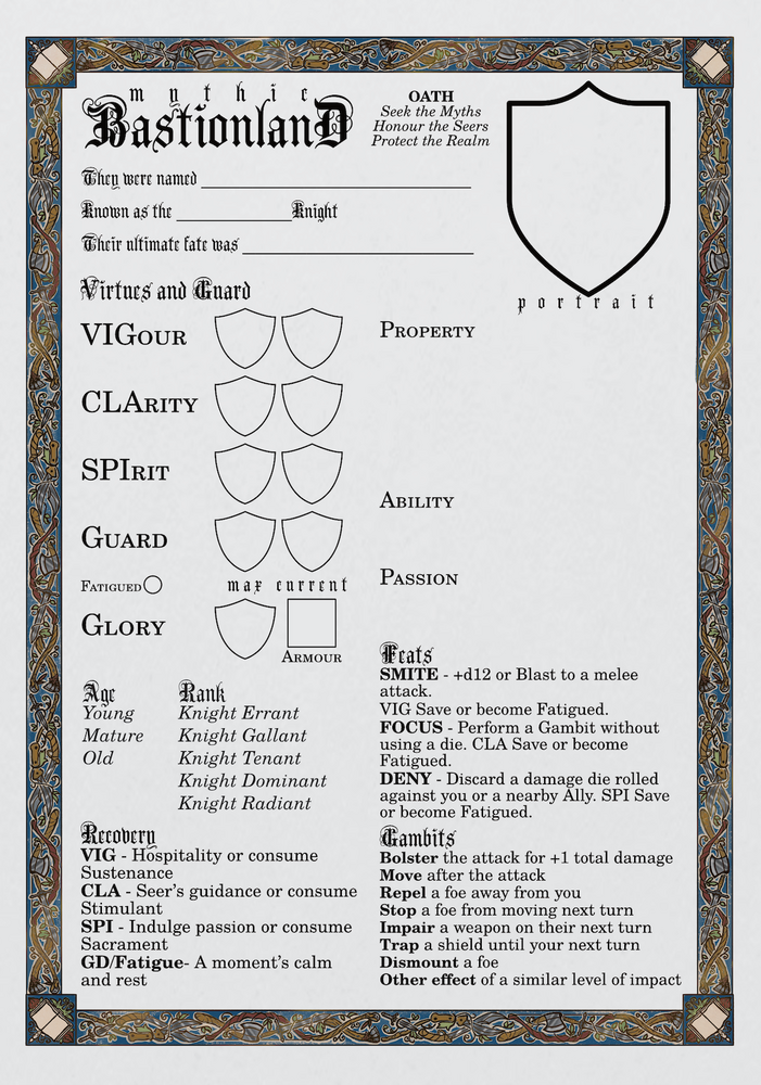 Mythic Bastionland Character Sheet by ManaDawn Tabletop Games