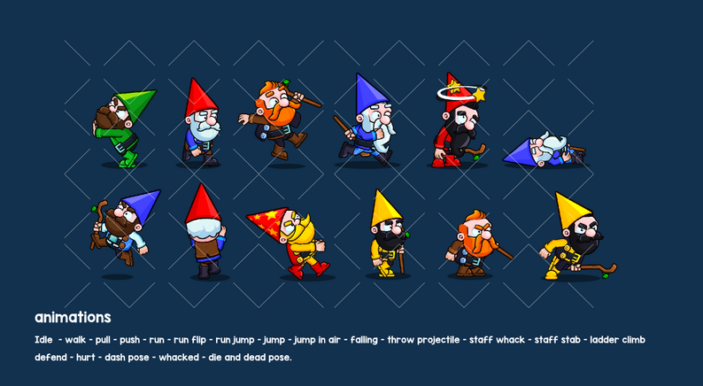 Gnomes mega character pack by Robert Brooks - gamedeveloperstudio.com
