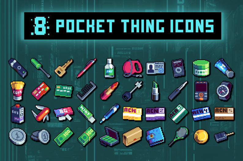 Pocket Things Pixel 32×32 Icons by Free Game Assets (GUI, Sprite, Tilesets)