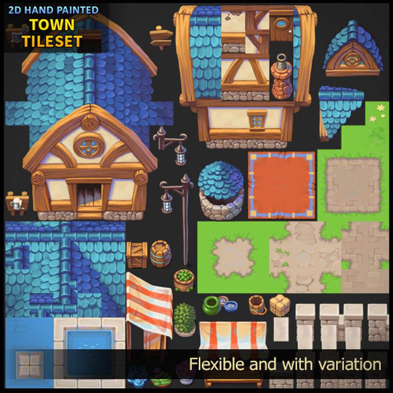 2D Hand Painted - Town Tileset by Daniel Thomas