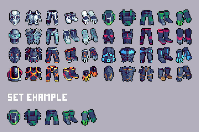Cyberpunk Armor Pixel Icons by Free Game Assets (GUI, Sprite, Tilesets)