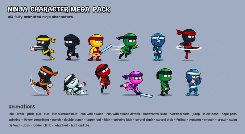 Ninja character mega pack by Robert Brooks - gamedeveloperstudio.com