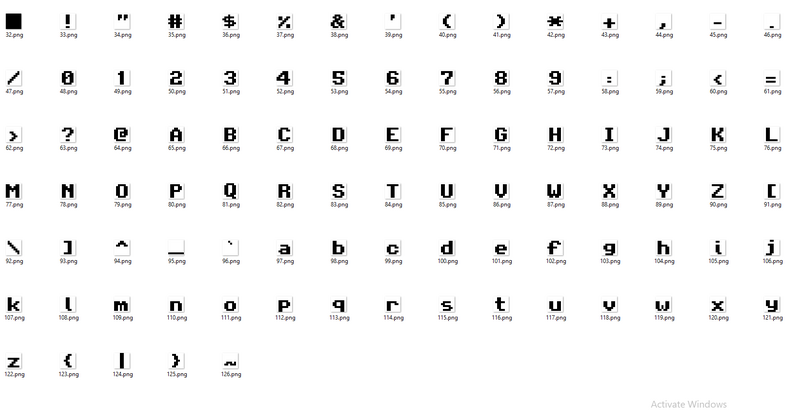 Free basic pixelated ascii font characters by ShlomiRex