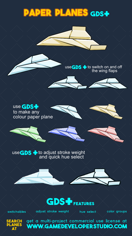 2D paper plane game assets by Robert Brooks - gamedeveloperstudio.com