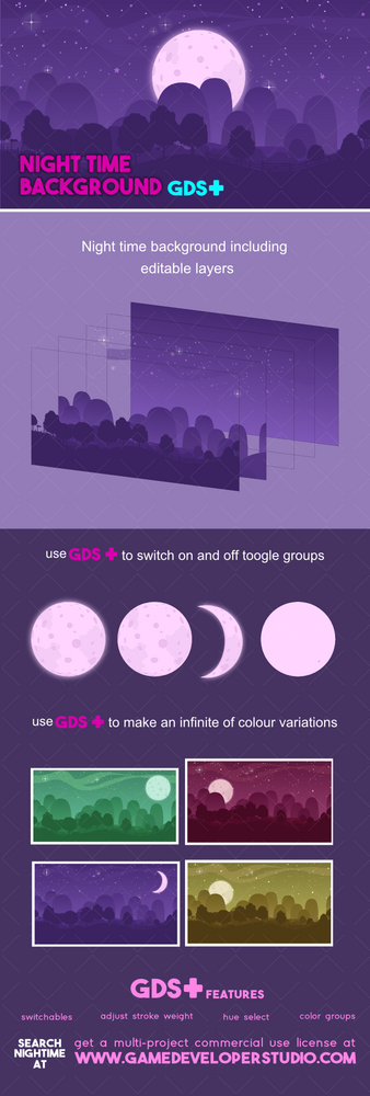 2D night time background by Robert Brooks - gamedeveloperstudio.com