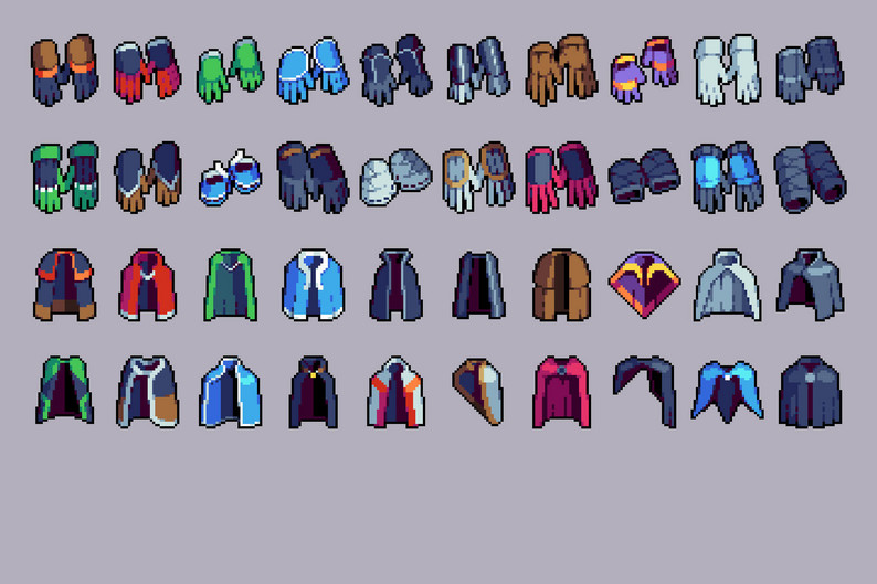 The Cyberpunk Gloves and Cloaks Pixel Icon Set by Free Game Assets (GUI ...