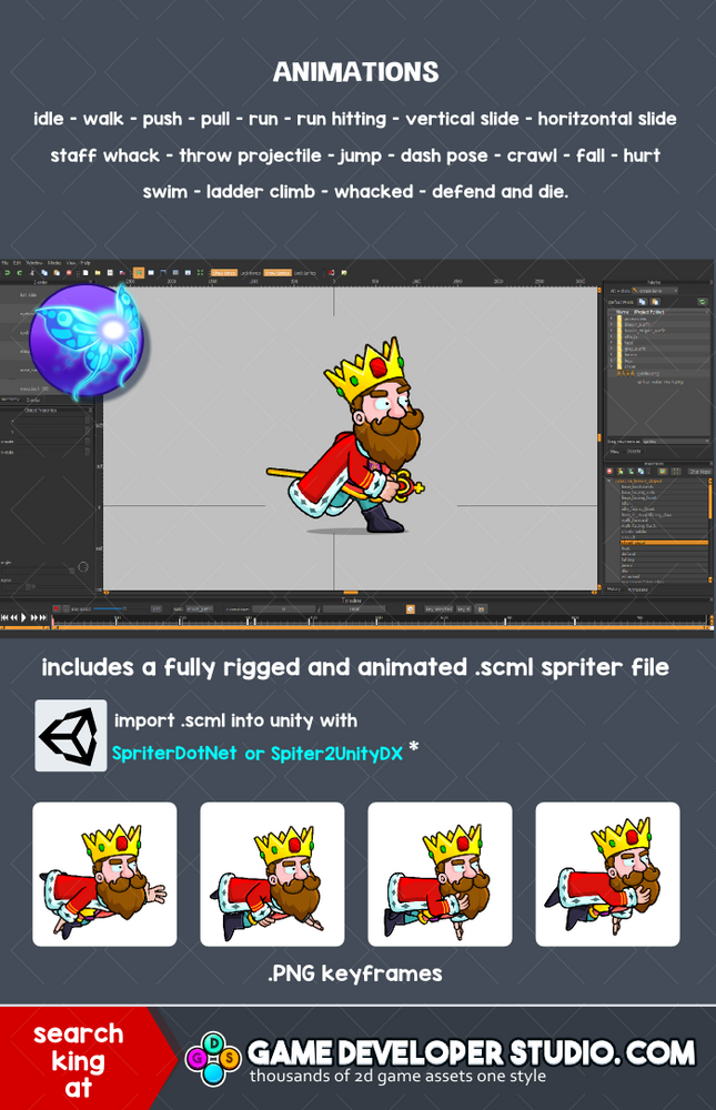 Animated king game character by Robert Brooks - gamedeveloperstudio.com