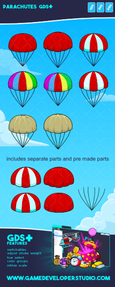 Parachutes game sprites by Robert Brooks - gamedeveloperstudio.com