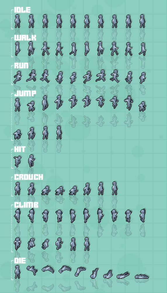 Basic movement animations for test character in pixel art for 32x32 ...