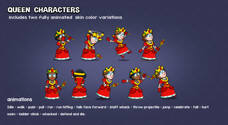 Animated queen characters by Robert Brooks - gamedeveloperstudio.com