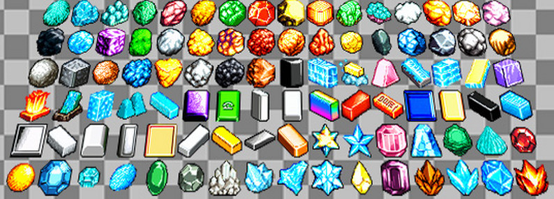 Free! 96 Pixel Art Icons: Ores, Ingots, & Crystals by ancient-inscriptions