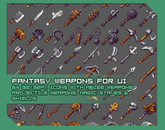 Pixel art Fantasy Weapons Assets for UI by Misbug