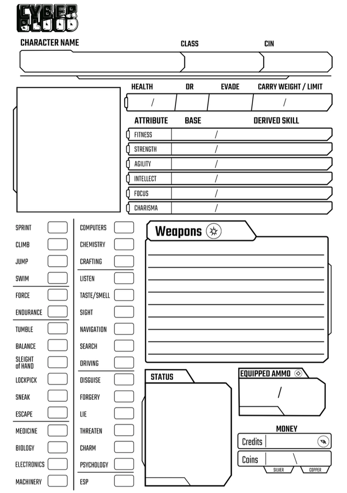 CyberBlood TTRPG Character Sheet by Macrocell
