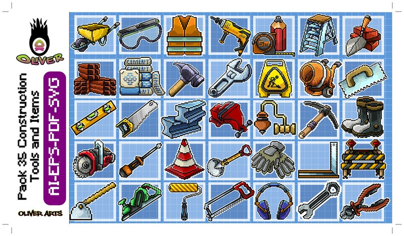 Pack 35 Construction Tools and Items,Pixel art file,Vectorized,high ...