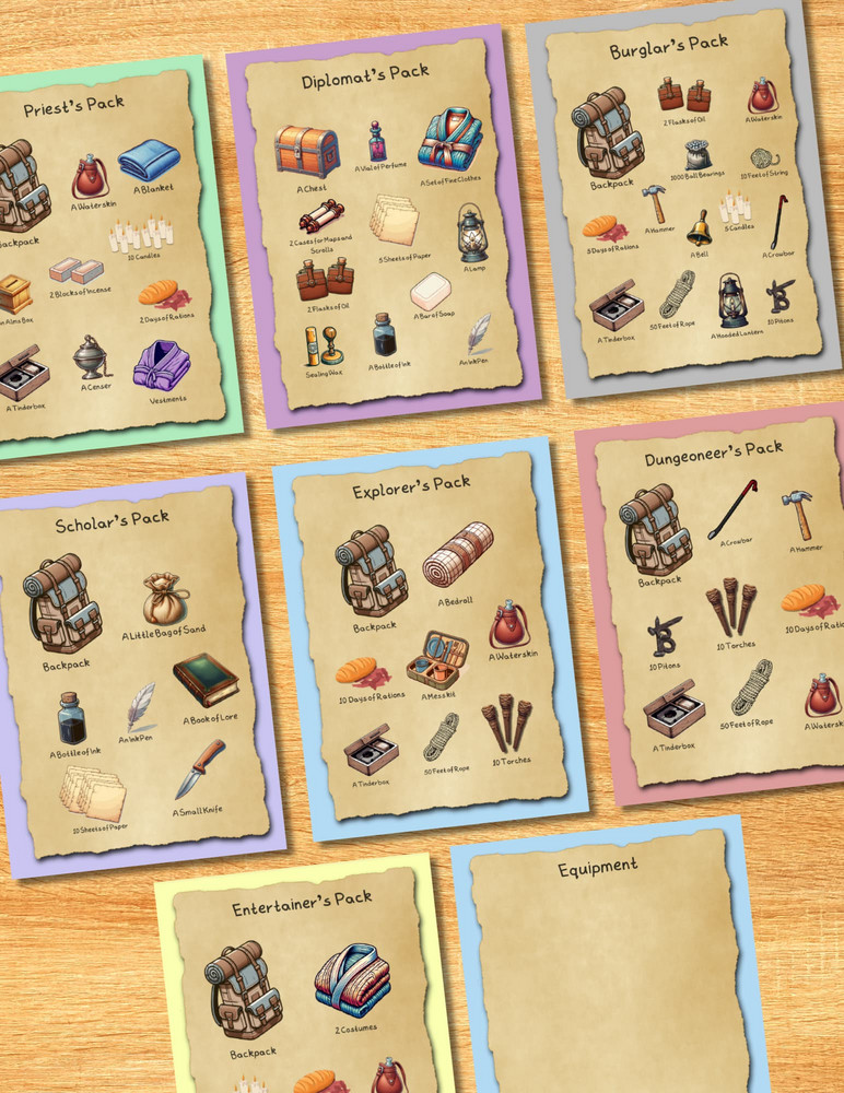 DND Equipment Packs - Visual Reference Item Cards - Printable Download ...