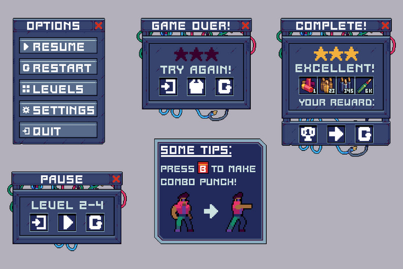 Free Pixel Game UI for Cyberpunk by Free Game Assets (GUI, Sprite, Tilesets)