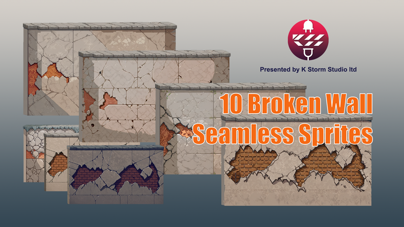 10 Pixel art Concrete Damaged Walls Seamless Sprites by K Storm Studio