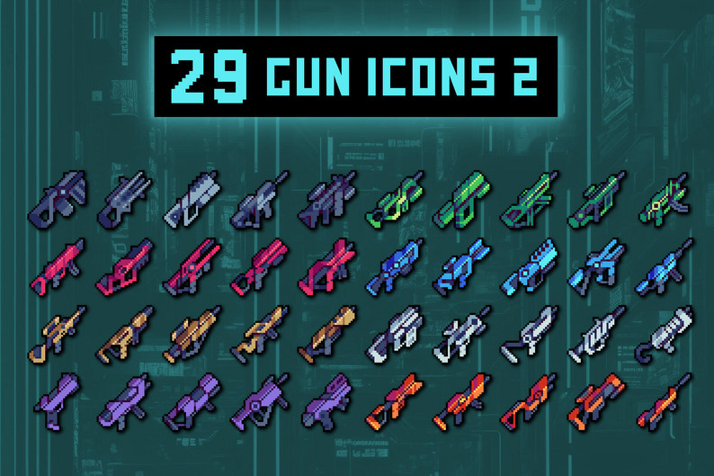 Free Gun Icons 32×32 by Free Game Assets (GUI, Sprite, Tilesets)