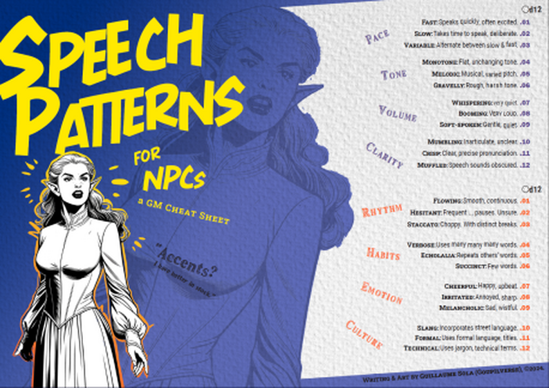 Speech Patterns for NPCs - A GM Cheat Sheet by Goupilverse