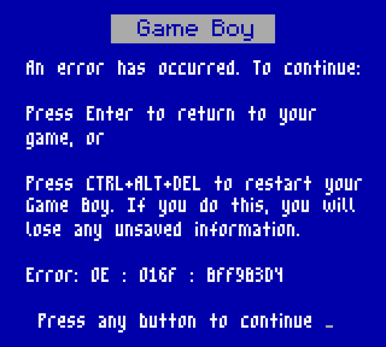 Game Boy Blue Screen of Death (BSOD) by bbbbbr