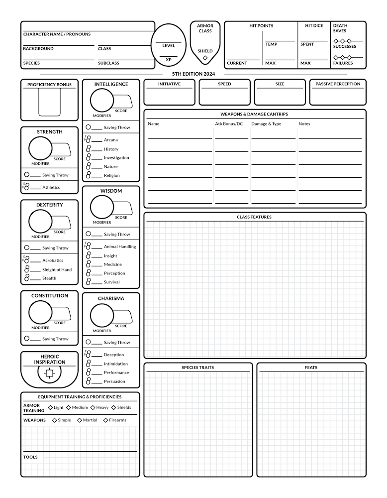 2024 5e Inspired Character Sheet (EN, ES, FR, PT-BR & ZH) by Nat ...