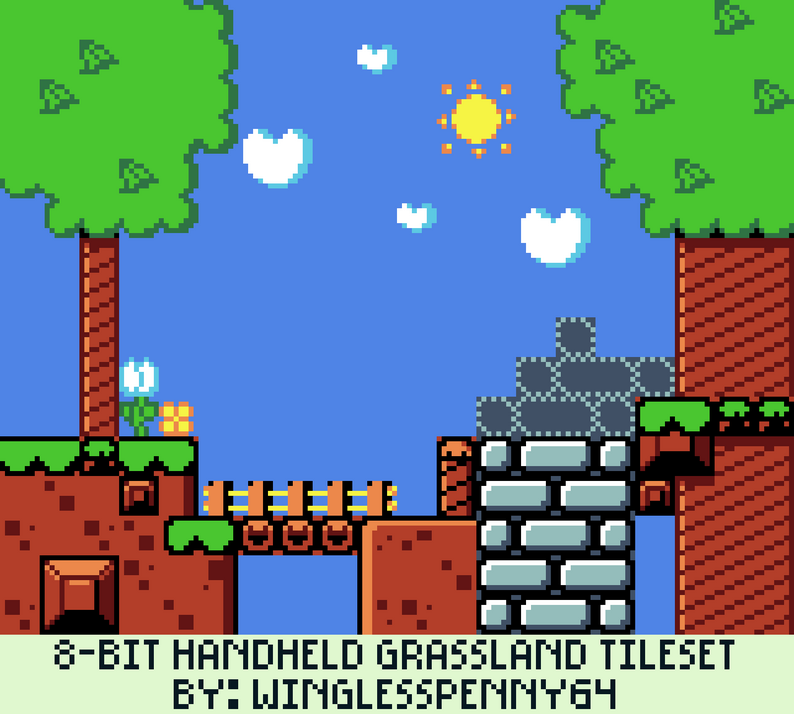 8-Bit Handheld Platformer Grassland Tileset by WinglessPenny64
