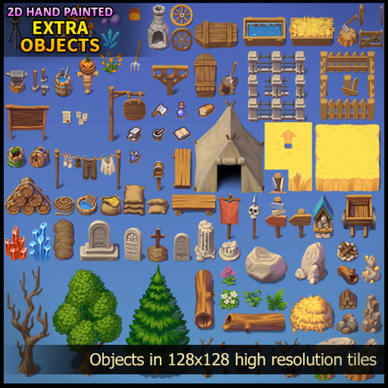 2D Hand Painted - Extra Objects Tileset by Daniel Thomas