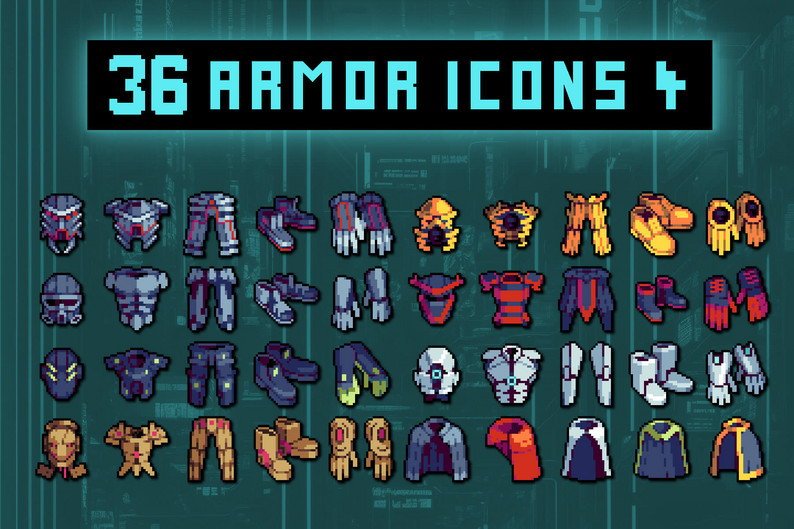 Pixel Armor Icons for Cyberpunk by Free Game Assets (GUI, Sprite, Tilesets)