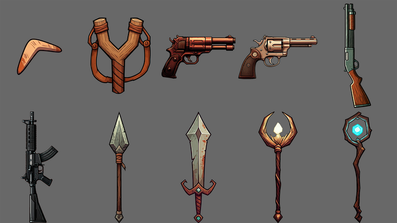 Weapon sprites: Firearms, melee and magic weapons by PabloGameDev