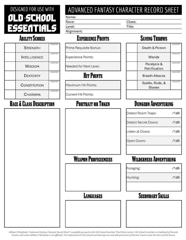 Old School Essentials — Advanced Fantasy Character Record Sheet by ...