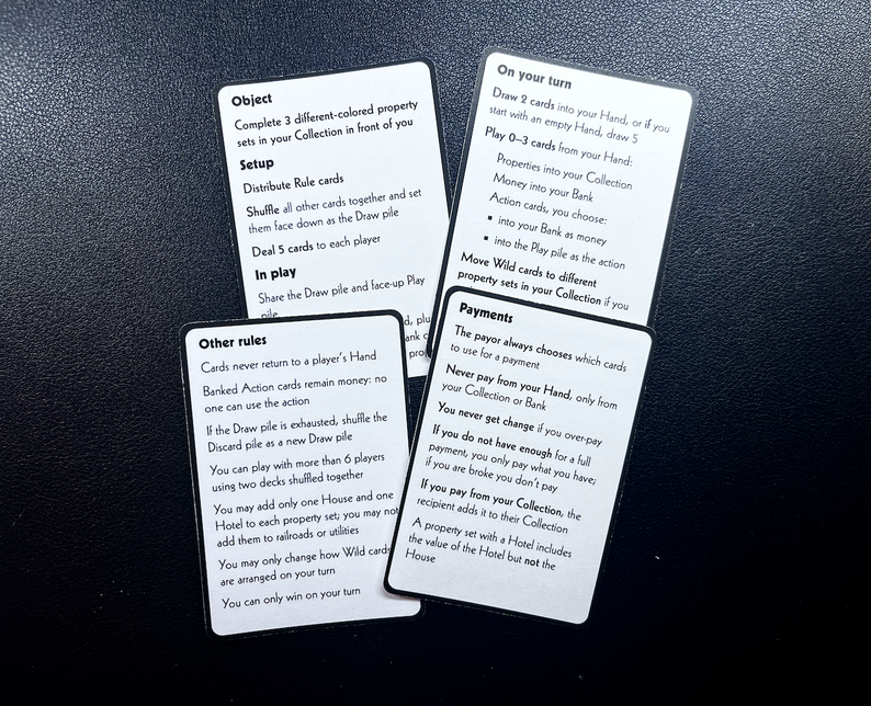Monopoly Deal rule cards by Jonathan Korman