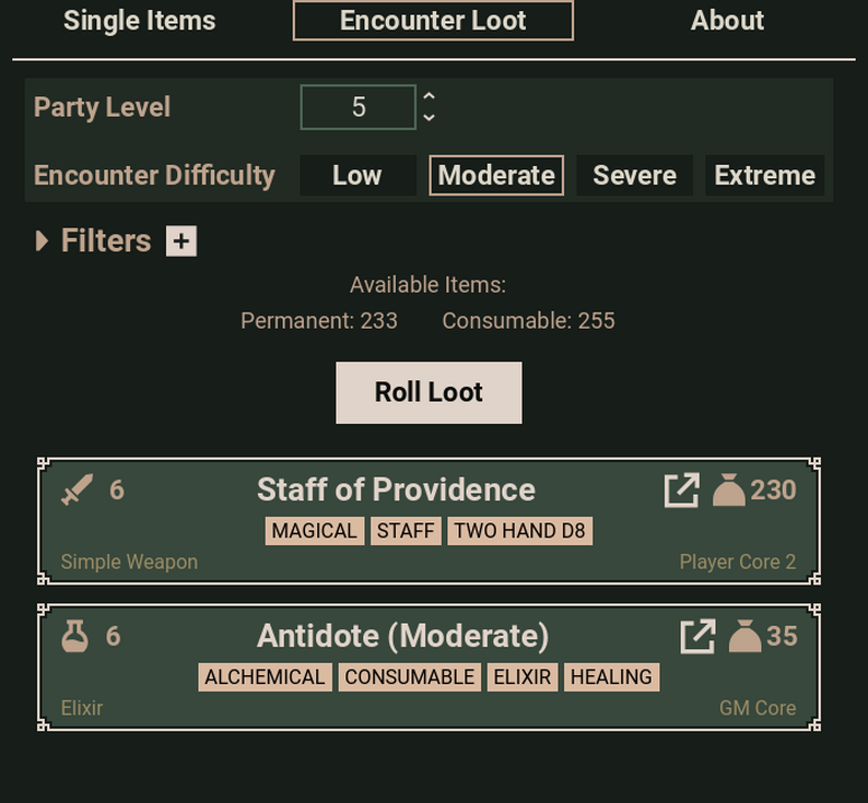 Pathfinder 2e Loot Generator by Gamedev Bram 🎁