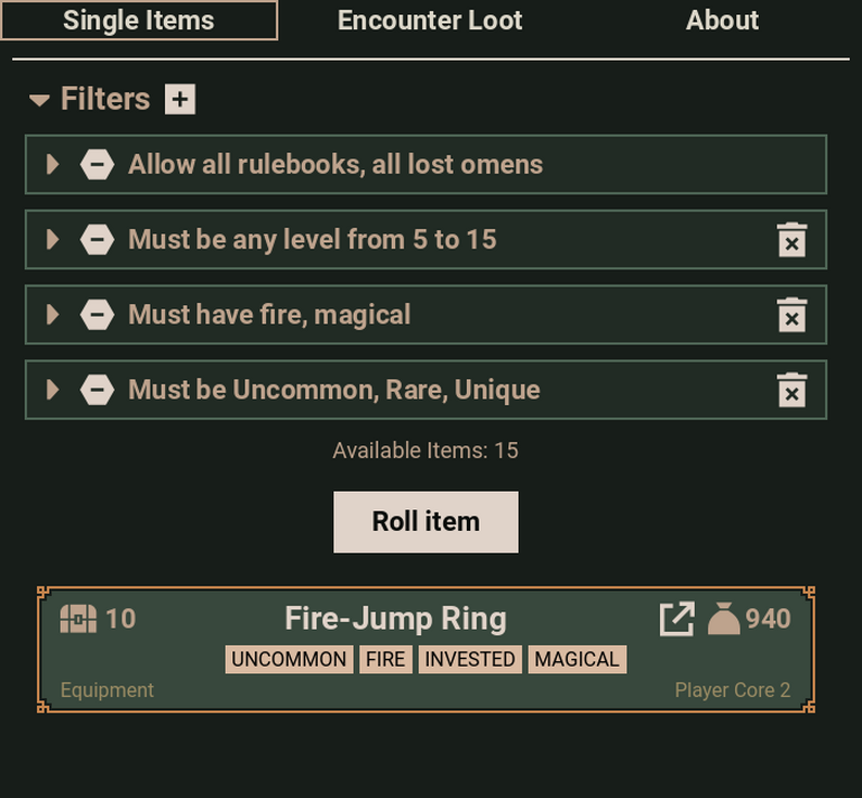 Pathfinder 2e Loot Generator by Gamedev Bram 🎁