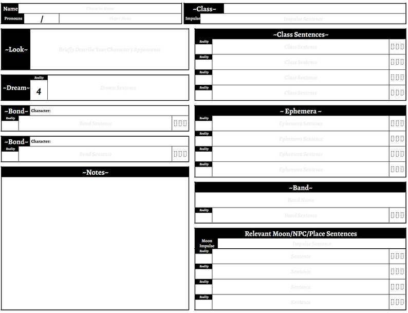 Printable Character Sheets for Realis by Lawson Coleman