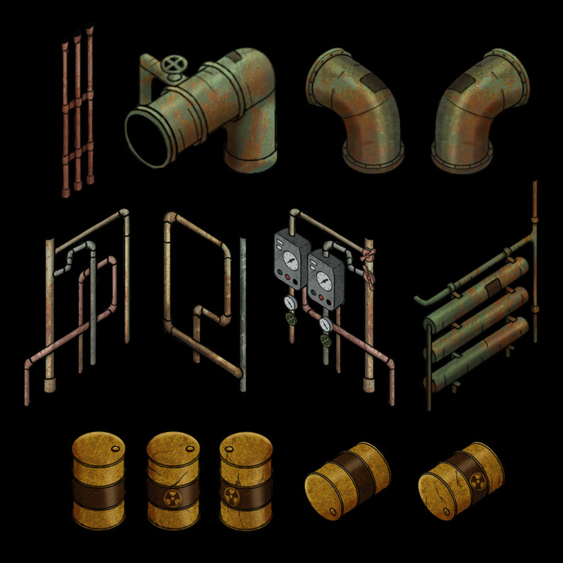 Isometric 2D Sprite Set - Pipes and Barrels by Milliare