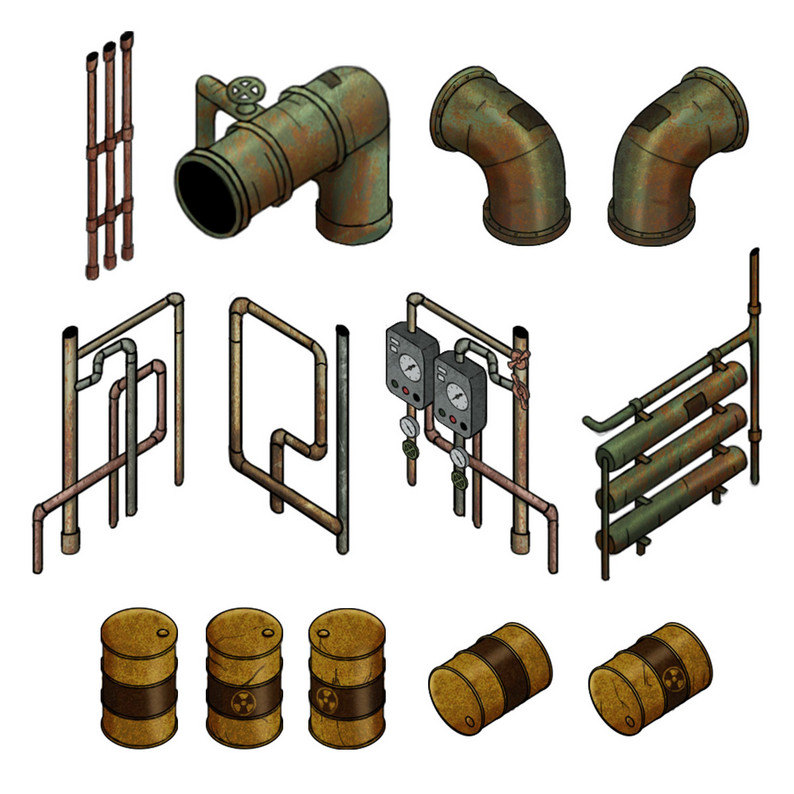 Isometric 2D Sprite Set - Pipes and Barrels by Milliare