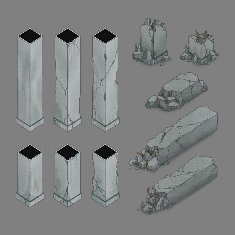 Isometric 2D Sprite Set - Rubble Pillars by Milliare