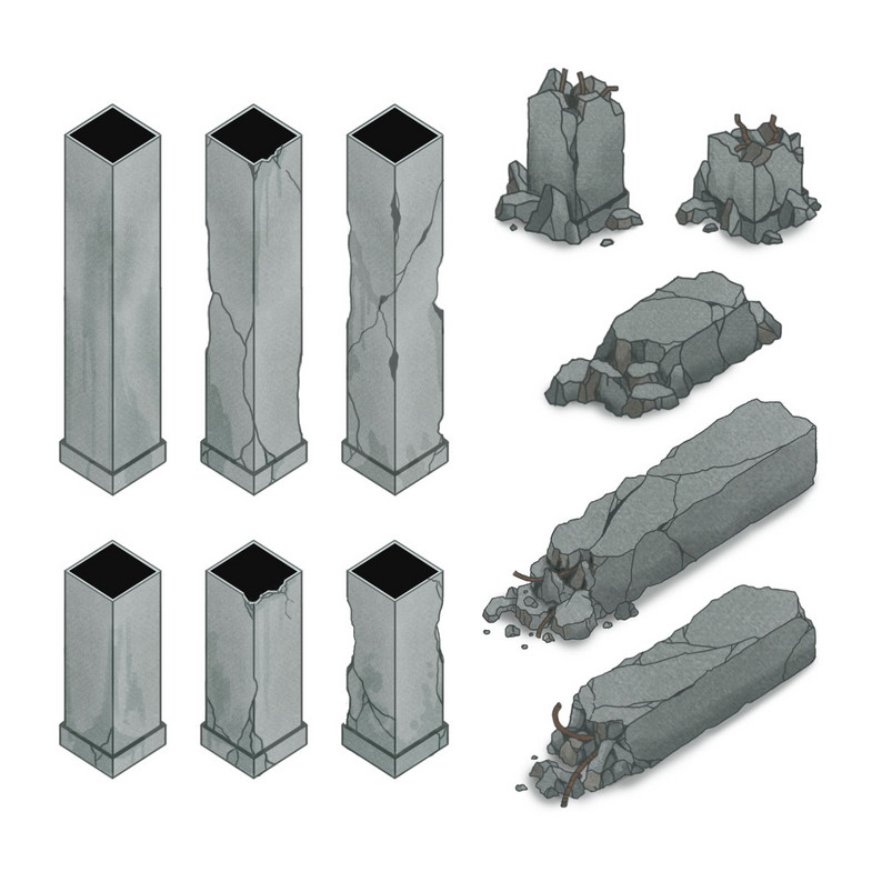 Isometric 2D Sprite Set - Rubble Pillars by Milliare