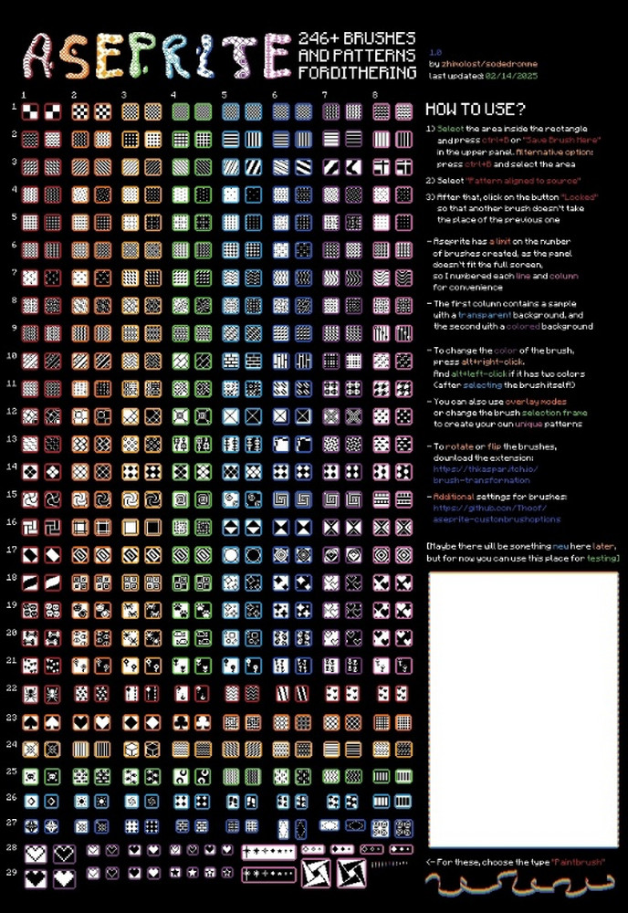 246+ Brushes And Patterns For Aseprite by sodedromme