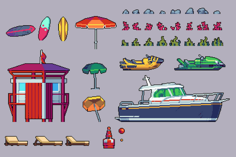 Beach Pixel Tileset for Cyberpunk Topic by Free Game Assets (GUI ...