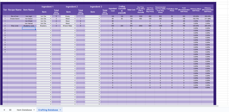 RPG Crafting Spreadsheet by Sakuya