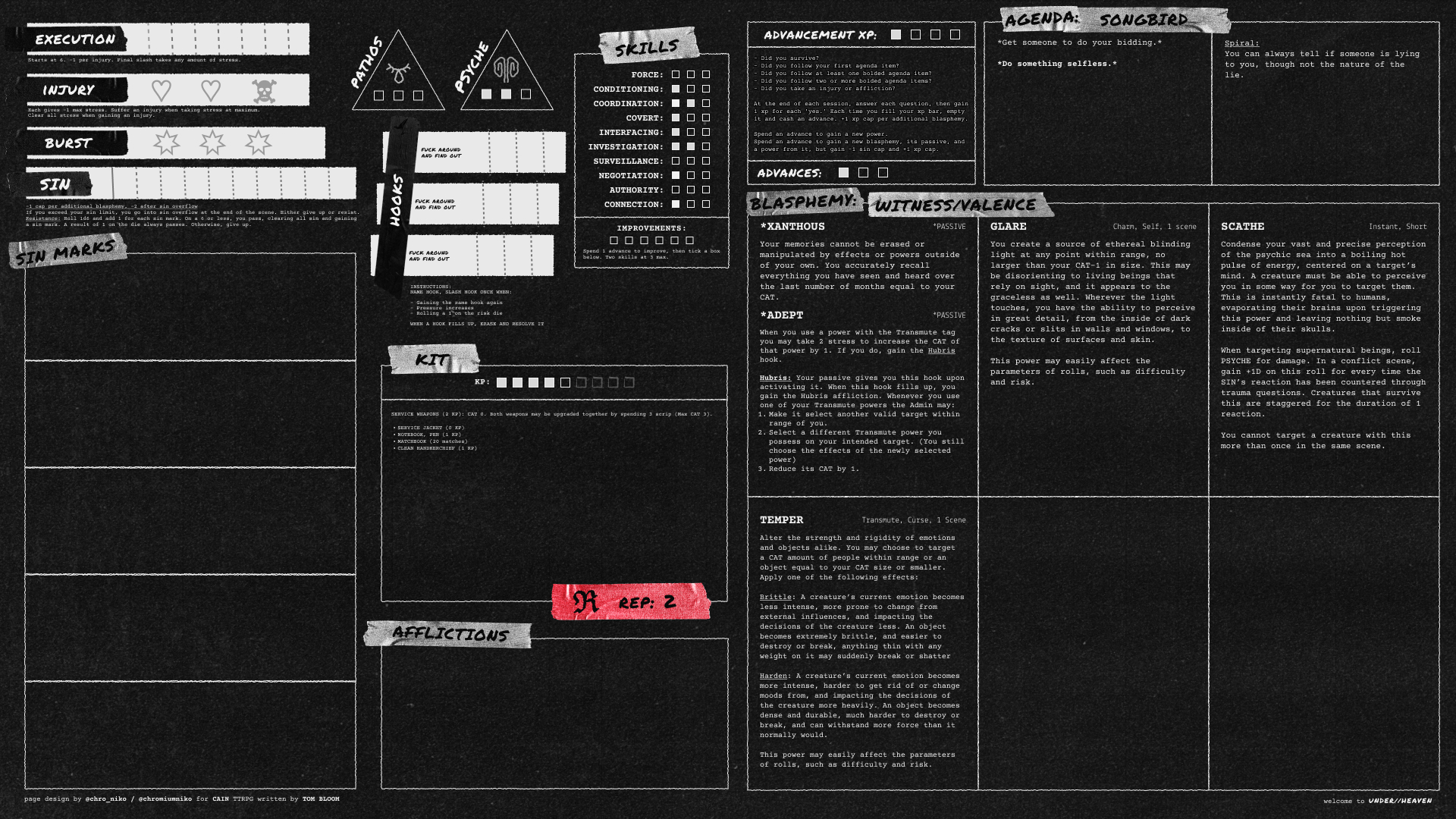 CAIN: UNDER HEAVEN Binder Character Sheets by chro_niko