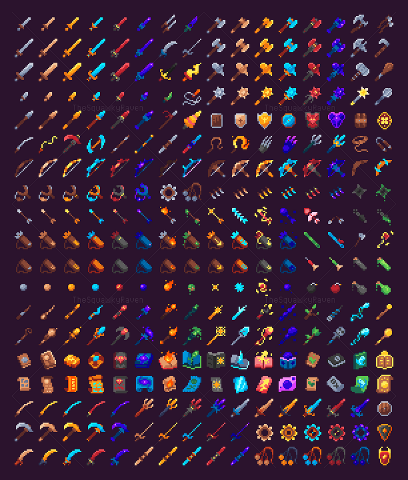 Fantasy Pixel Art Weapon Icons by TheSquawkyRaven