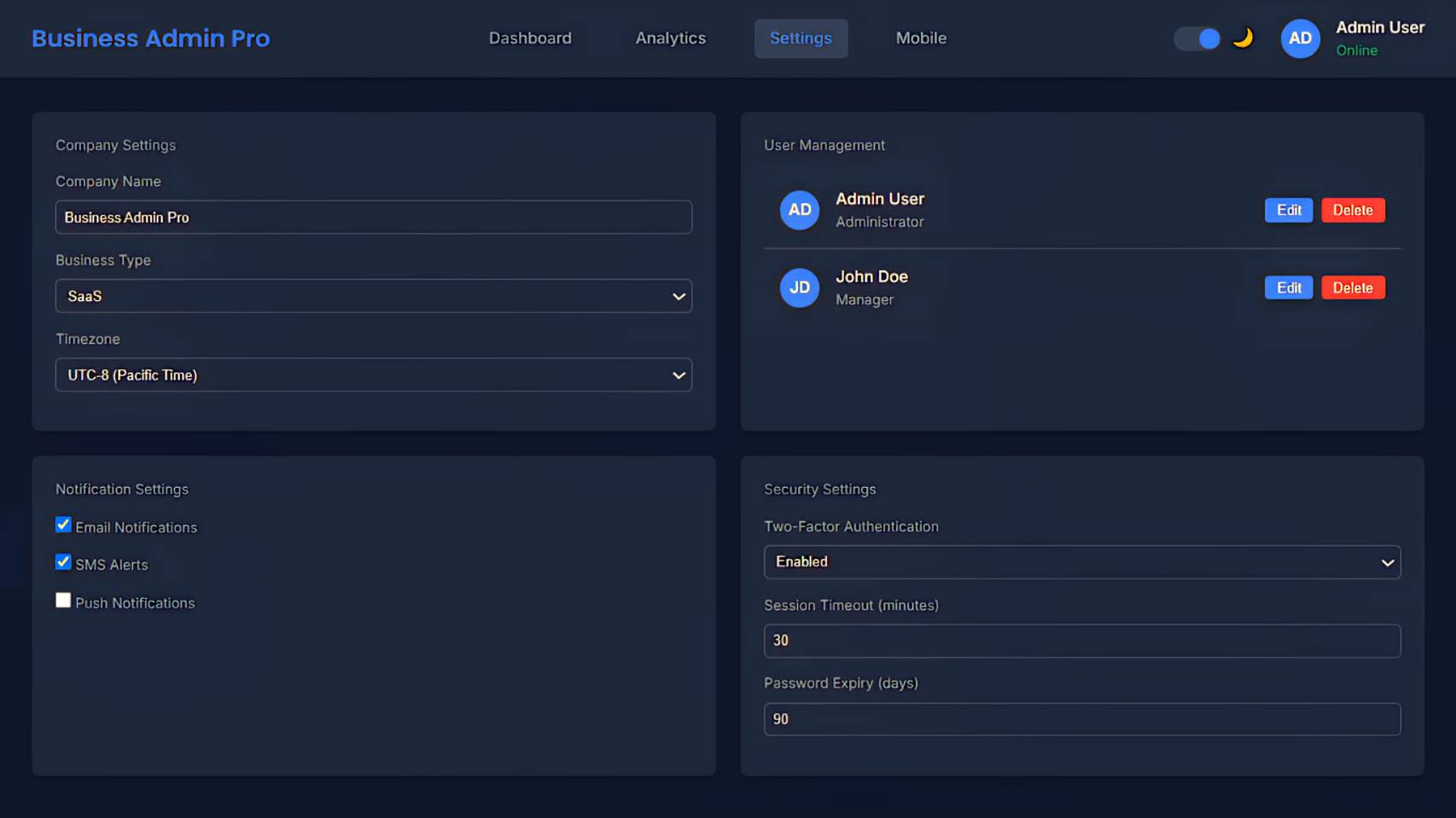 Business Admin Dashboard Pro by AI Template Empire