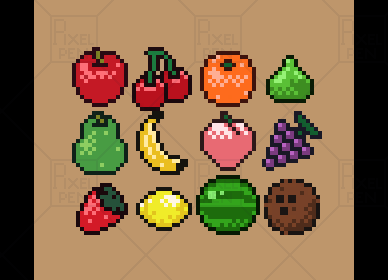 12 Pixel Fruit Sprites - Retro 16x16 icon by Maru