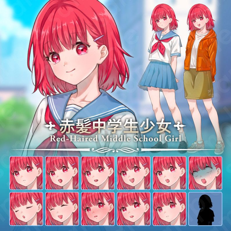 【Character Sprite Set】Energetic Red-Haired Middle School Girl – Sailor Uniform & Casual Outfit ...