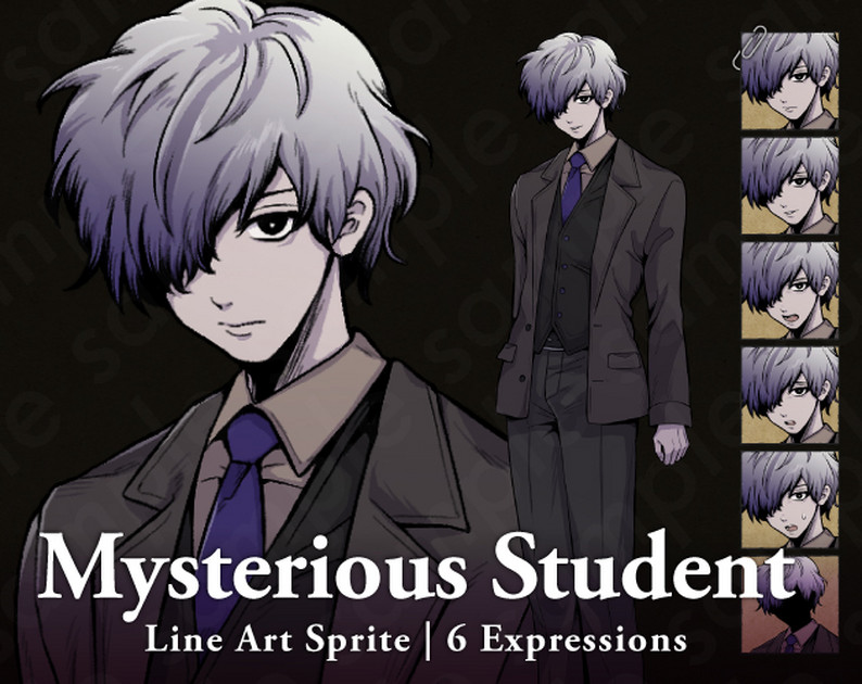 【Line Art Character Sprite】Mysterious High School Boy – Purple Hair ...