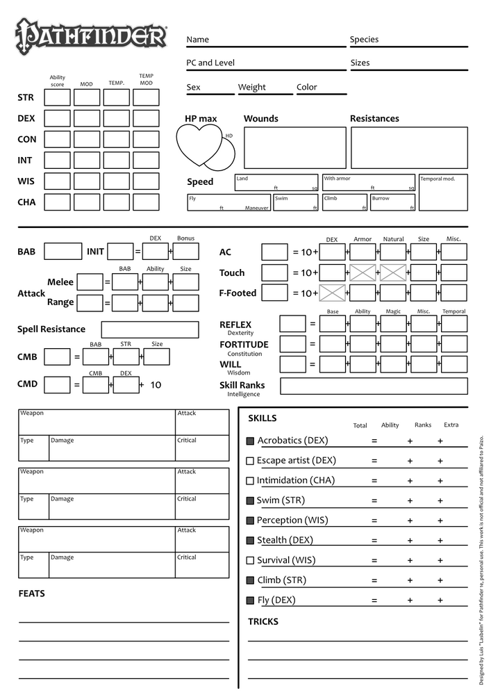 Animal companion sheet for Pathfinder 1e by Luis Lasbelin