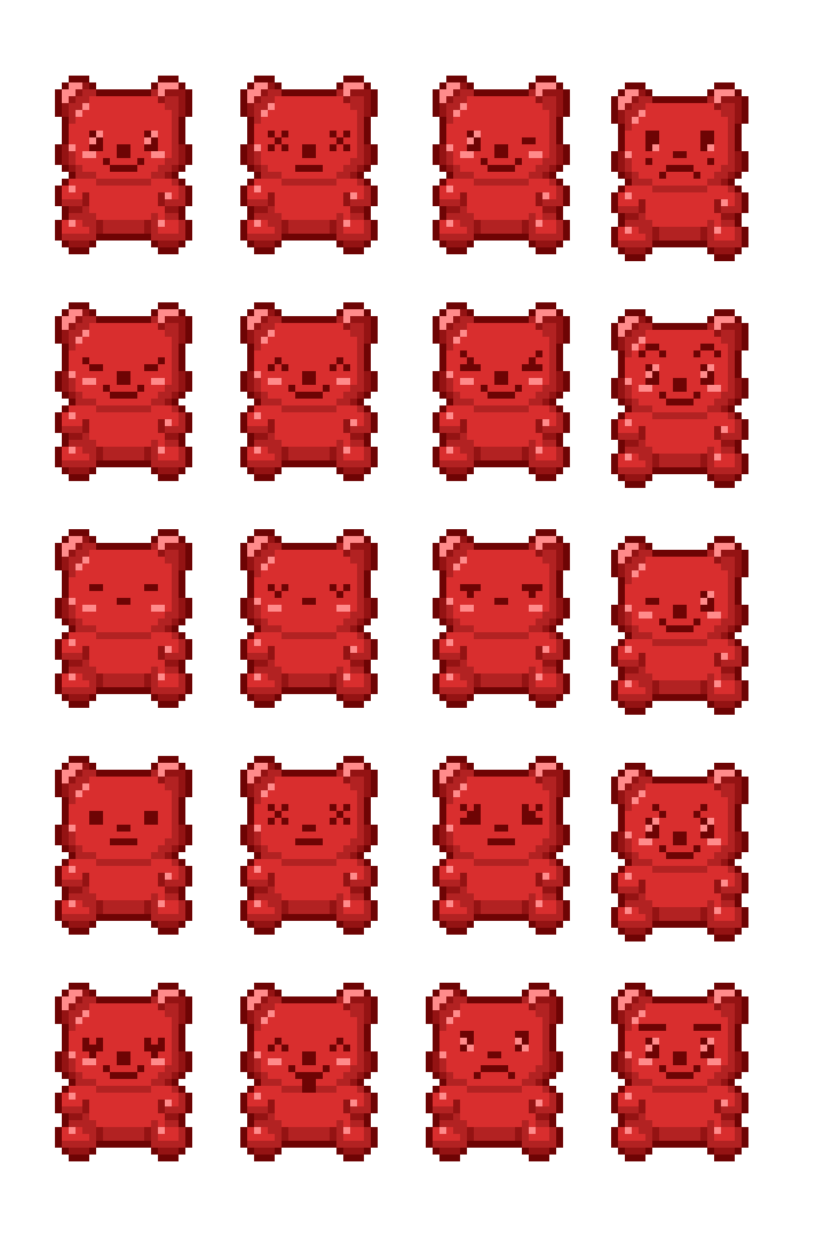 Modular Red Gummy Bear Sprite Pack – 20 Faces × 4 Sizes + Breathing ...